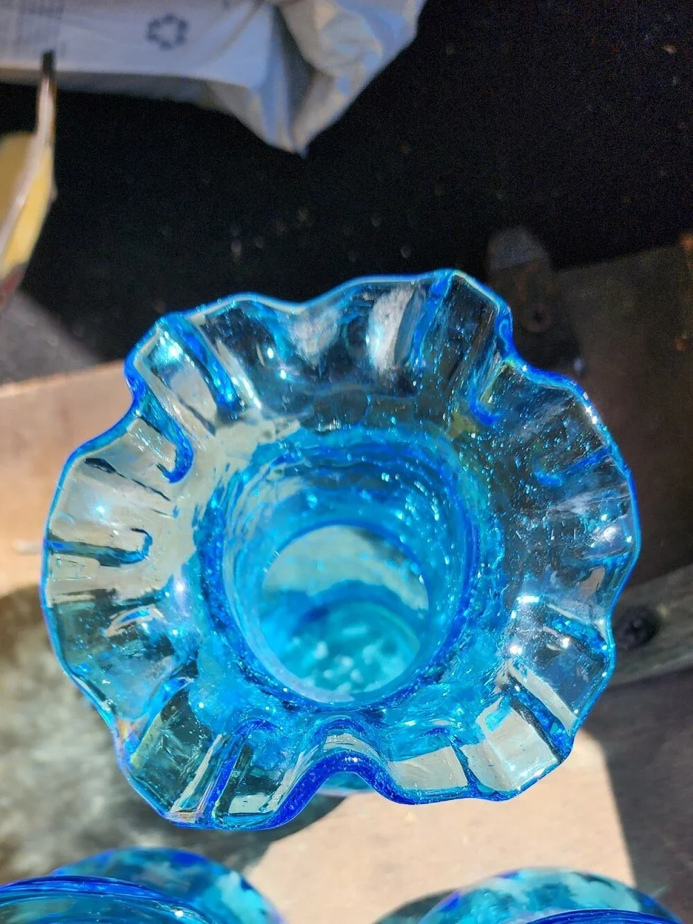 Art | Bright Blue Crackle Glass Vase With Ruffled Rim | Poshmark